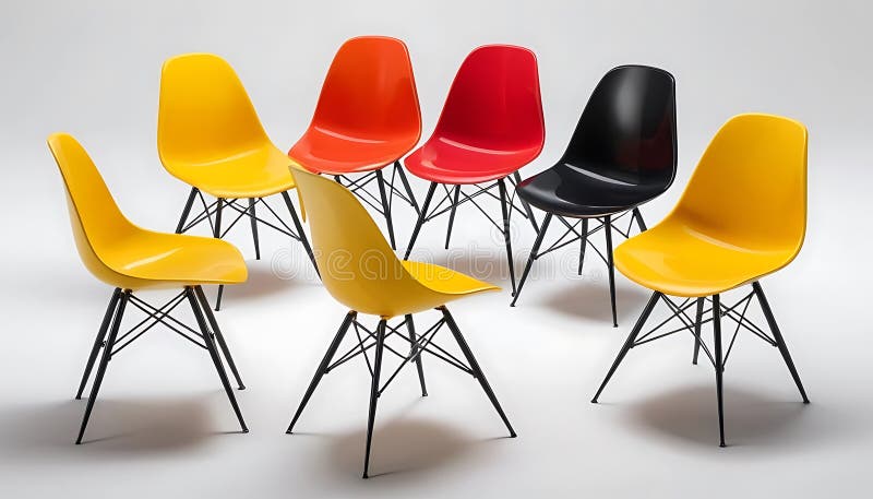 Six Colorful Modern Plastic Chairs Arranged in a Circle Stock ...