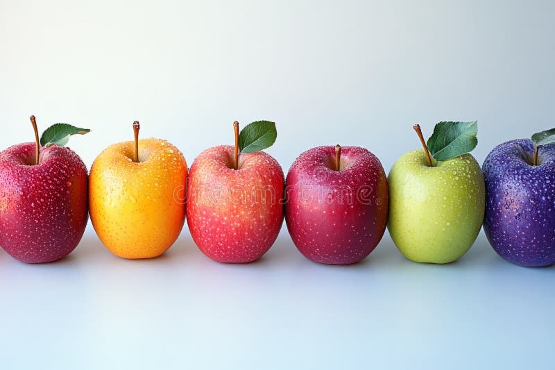 Six Colorful Wet Apples are Lined Up in a Row on a White Background ...