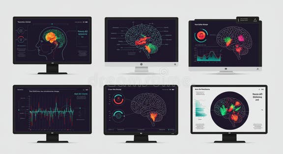 Six Computer Monitors Display Brain Imaging Data, Featuring Diagrams ...