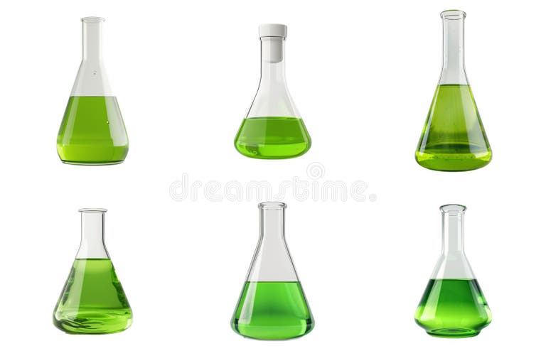 Six Conical Flasks Filled with Green Liquid on White Background Stock ...
