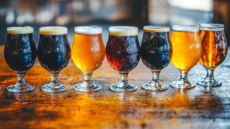 Six Craft Beer Flight Amber, Stout, IPA, Wood Table, Craft Beer Tasting ...