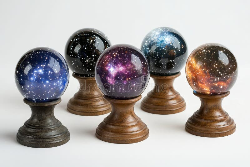 Six Crystal Balls Showcasing Celestial Nebulae and Stars Stock Photo ...