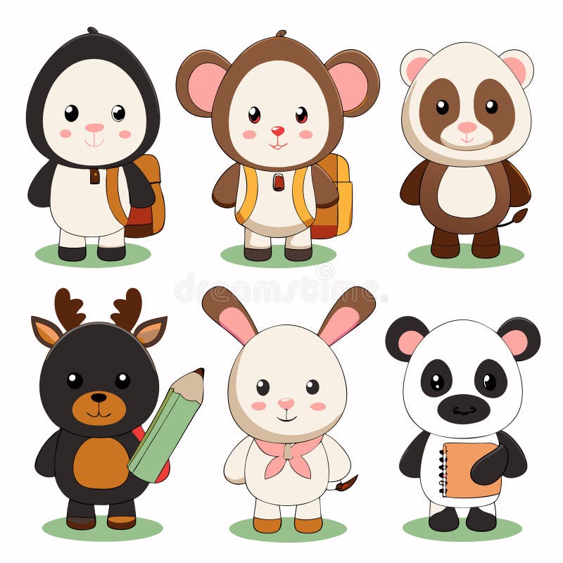Six Cute Animal Characters Ready for School Stock Vector - Illustration ...