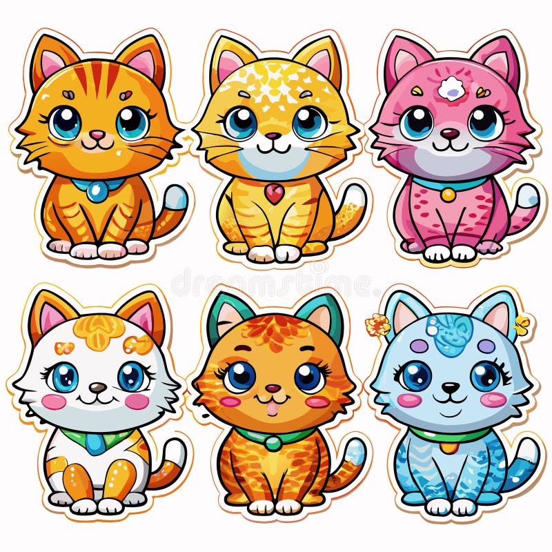Six Cute Cartoon Cats in Different Colors and Patterns, Sitting and ...