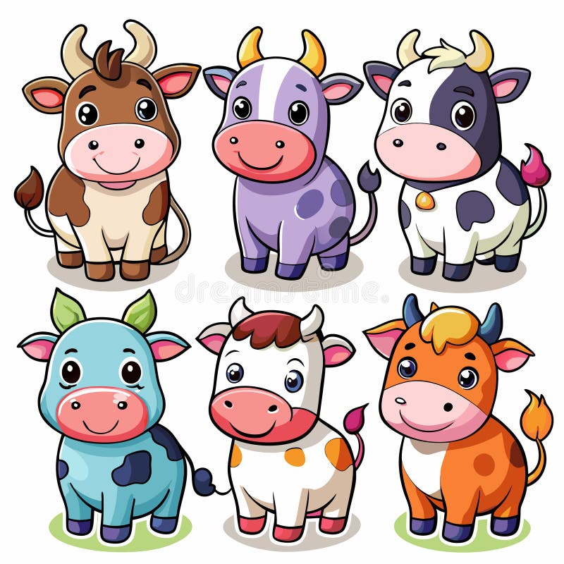 Six Cute Cartoon Cows with Different Color Stock Vector - Illustration ...