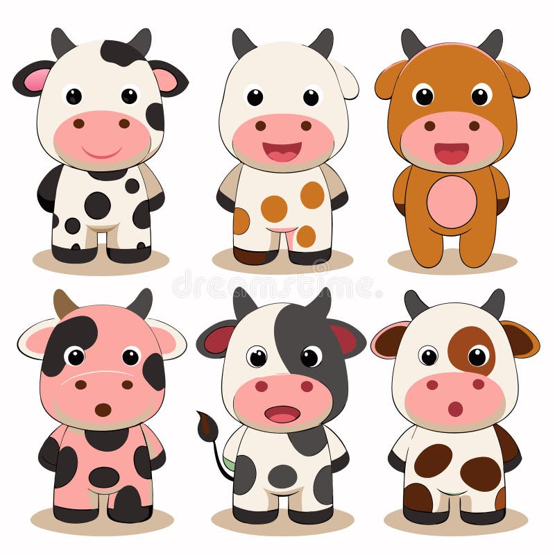 Six Cute Cartoon Cows in Different Colors and Pattern Stock Vector ...