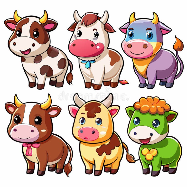 Six Cute Cartoon Cows with Different Colors and Patterns, Standing in a ...