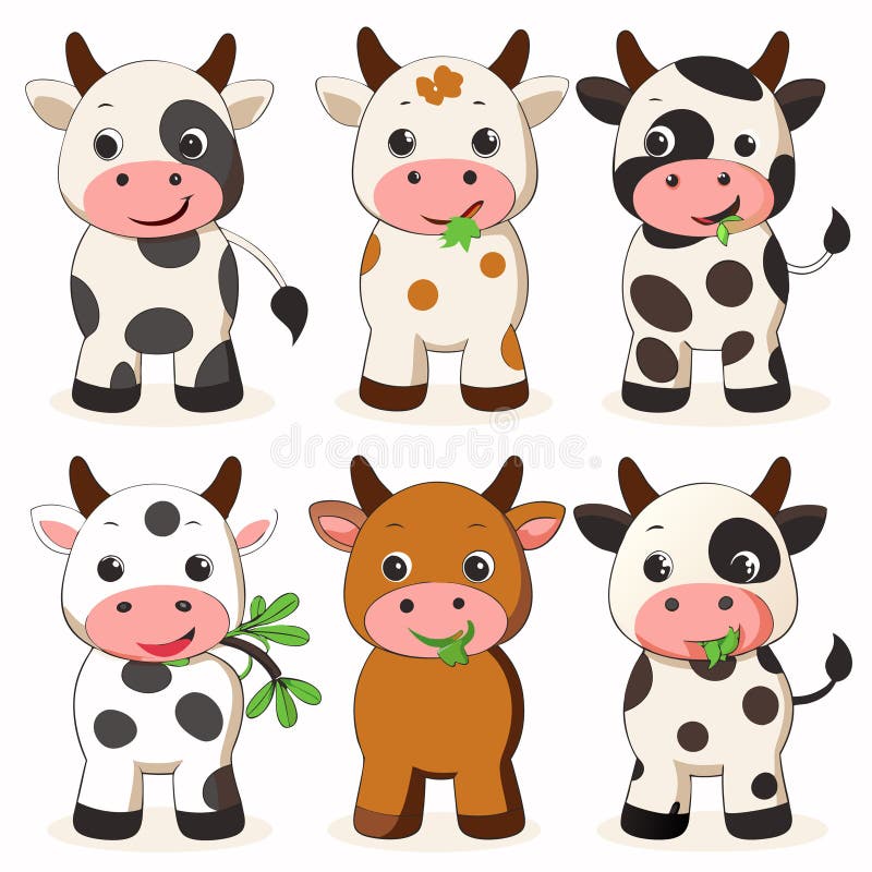 Six Cute Cartoon Cows with Different Spots and Colors, Some are Eating ...