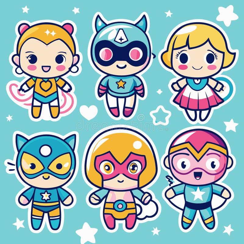 Six Cute Cartoon Superheroes with Different Colors and Powers Stock ...