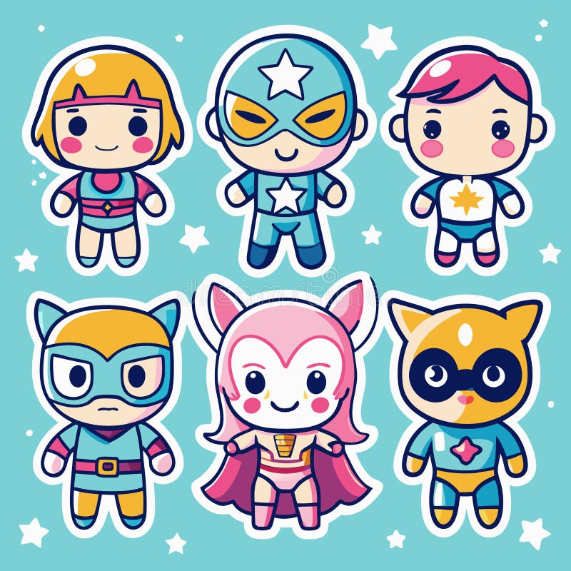 Six Cute Cartoon Superheroes with Different Costumes Stock Illustration ...