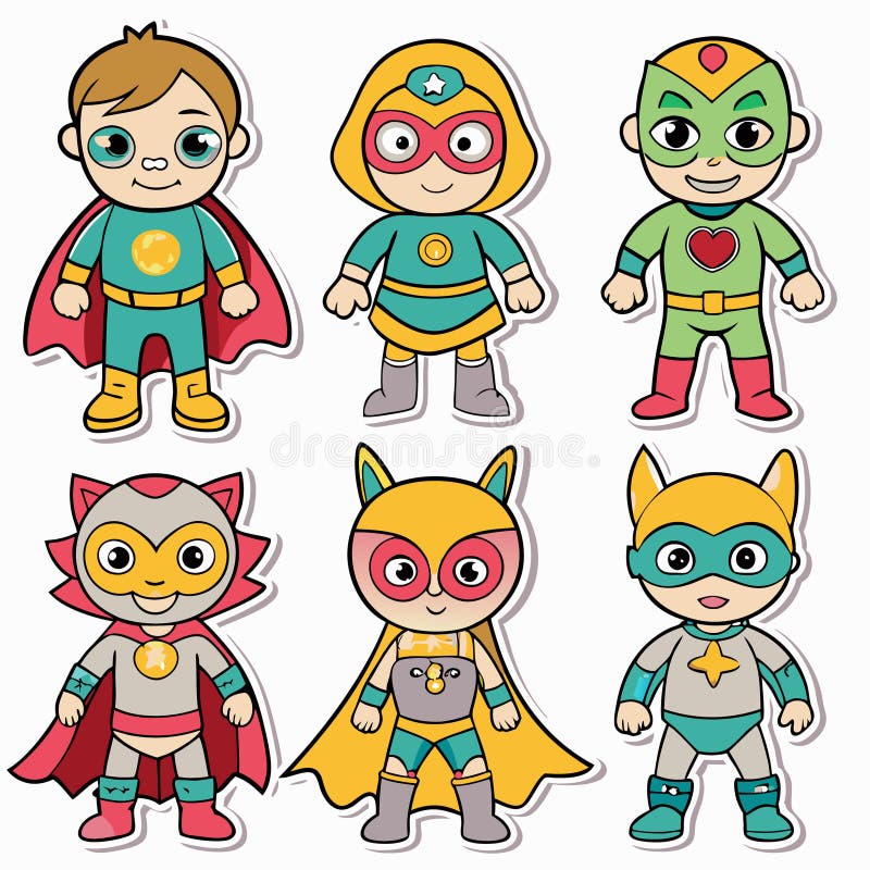 Six Cute Cartoon Superheroes with Different Costumes and Powers Stock ...