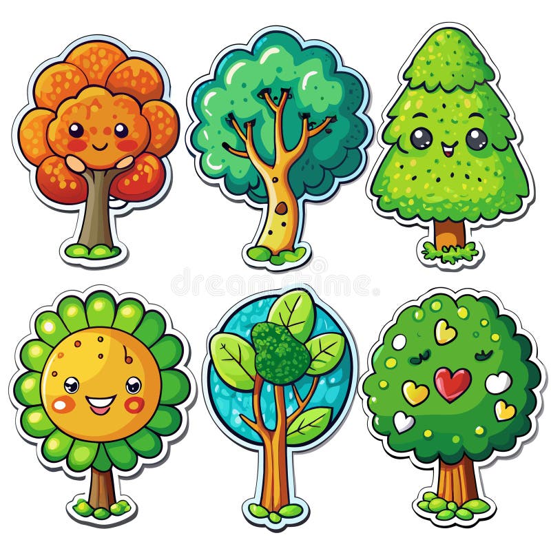 Six Cute Cartoon Trees with Different Styles and Expressions Stock ...