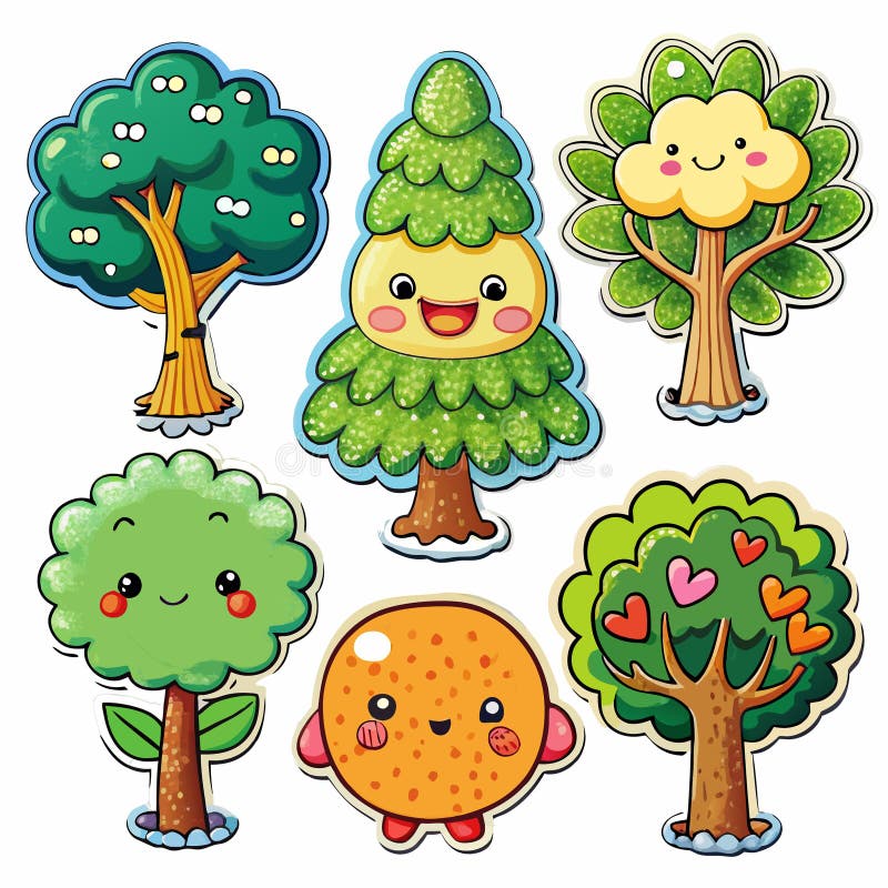 Six Cute Cartoon Trees with Happy Faces and Various Feature Stock ...