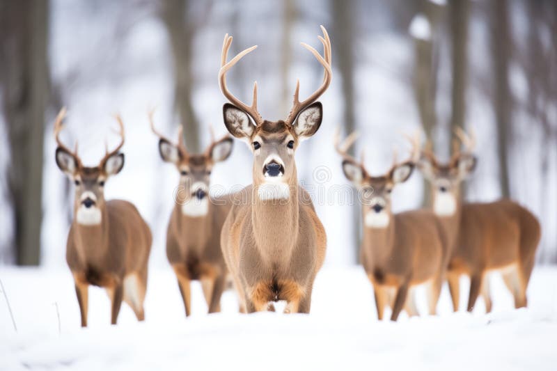 Six Deer Standing Alert, Ears Perked in Snow Stock Illustration ...