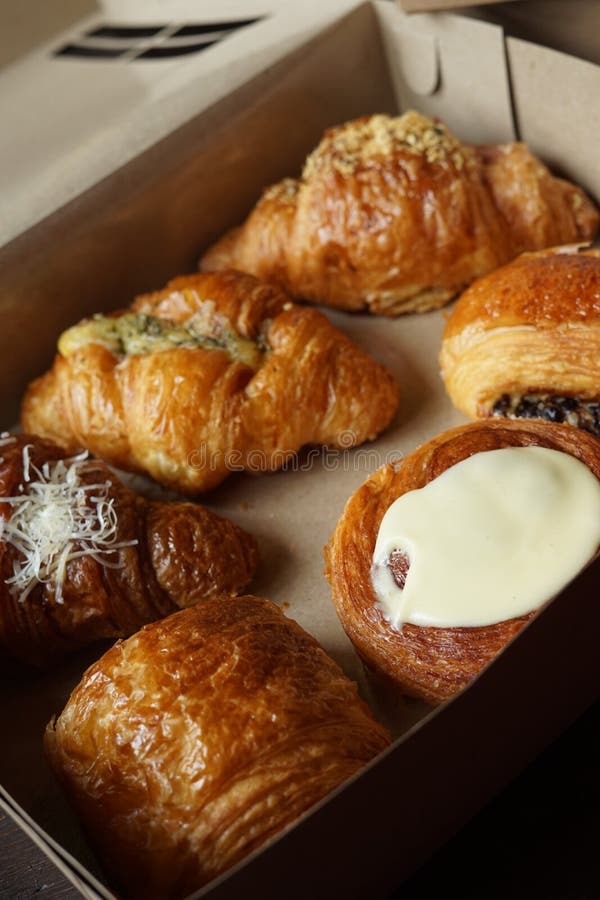 Six Delicious Crispy Croissants in a Box for Takeaway or Delivery Stock ...