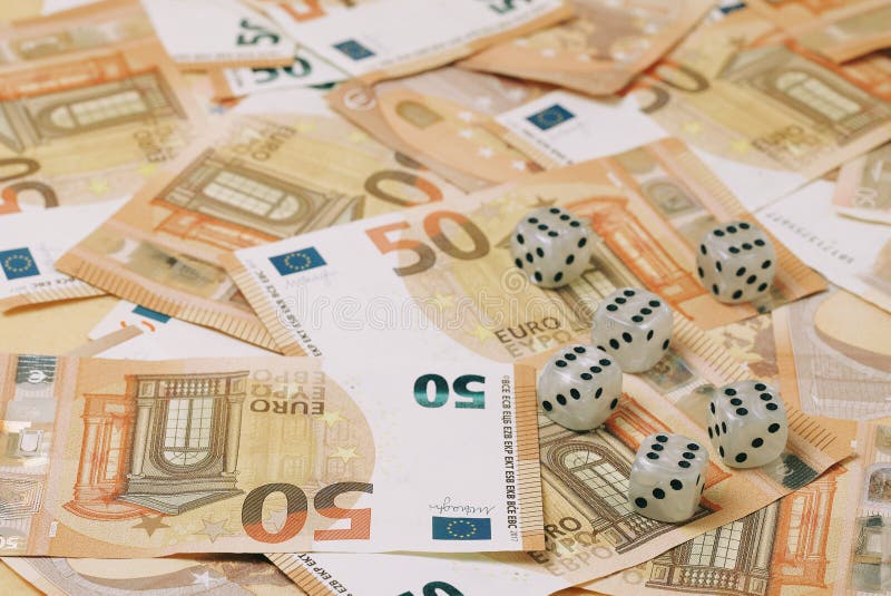 Six Dice with Full Marks on a Background of 50 Euro Banknotes Stock ...