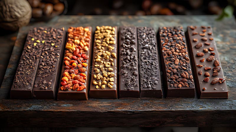 Six Different Chocolate Bars with Nuts and Spices on a Wooden Table ...