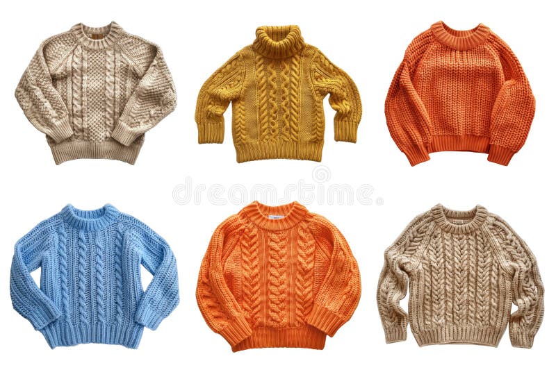 Six Different Colored Cable Knit Sweaters Laying Flat Stock ...