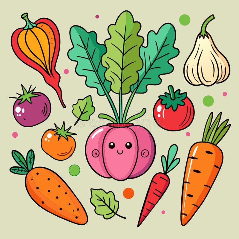 Six Different Hand Drawn Mixed Vegetables with Cartoon Style Stock ...