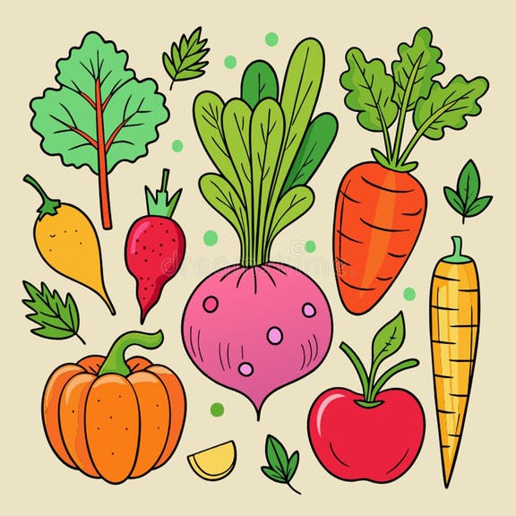 Six Different Hand Drawn Mixed Vegetables with Cartoon Stock ...