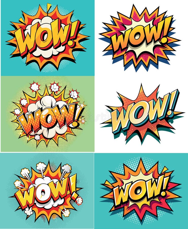 Collection of Six Retro Comic Book Wow Explosion Elements Saying Wow ...