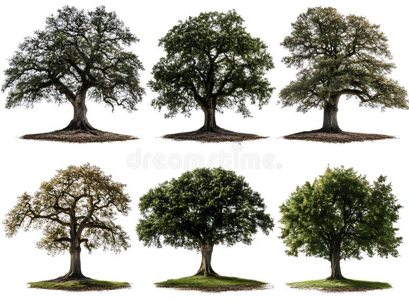 Six Different Large Trees Isolated Against a White Background Stock ...