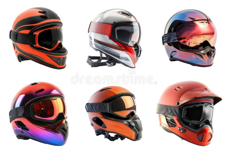 Six Different Motorcycle Helmets with Goggles Stock Image ...