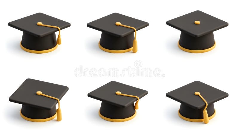 Six Different Perspectives of a Black and Gold Graduation Cap, Rendered ...