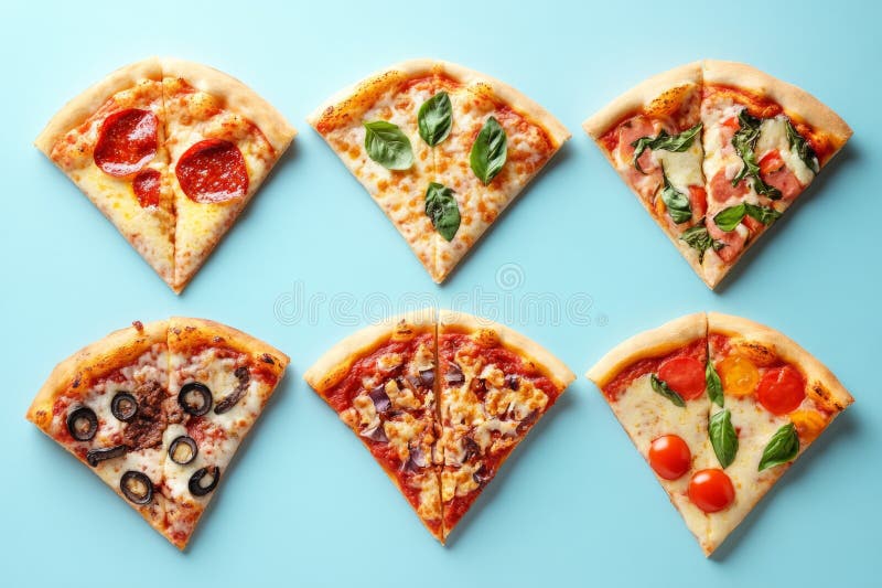 Six Different Pizza Slices with Various Toppings are Arranged on a ...