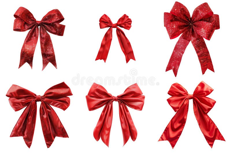 Six Different Red Holiday Bows with Glittery and Satin Finishes Stock ...