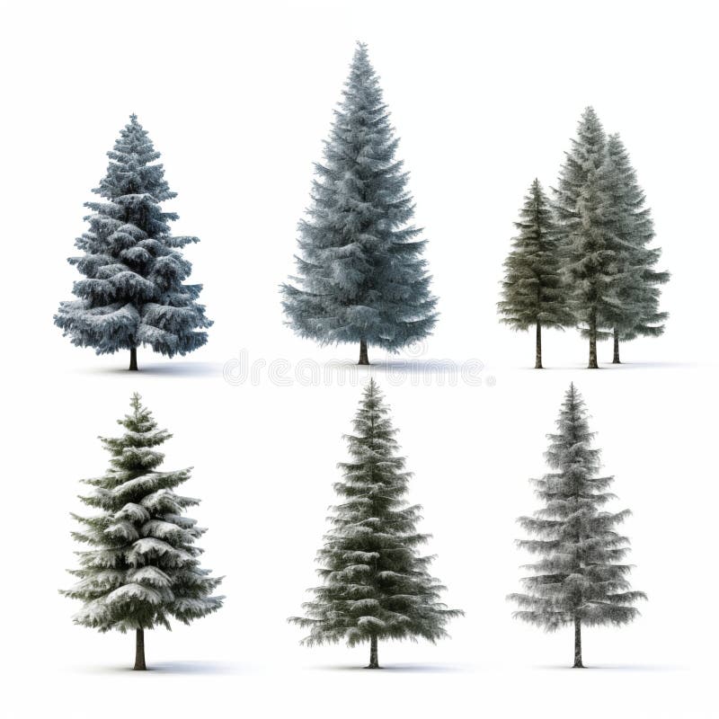 Six Different Snowy Pine Trees Arranged in a Row on a White Background ...