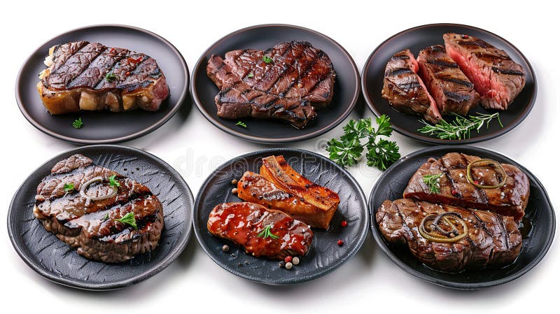 Six Different Types of Grilled Steak on Black Plates Stock Illustration ...
