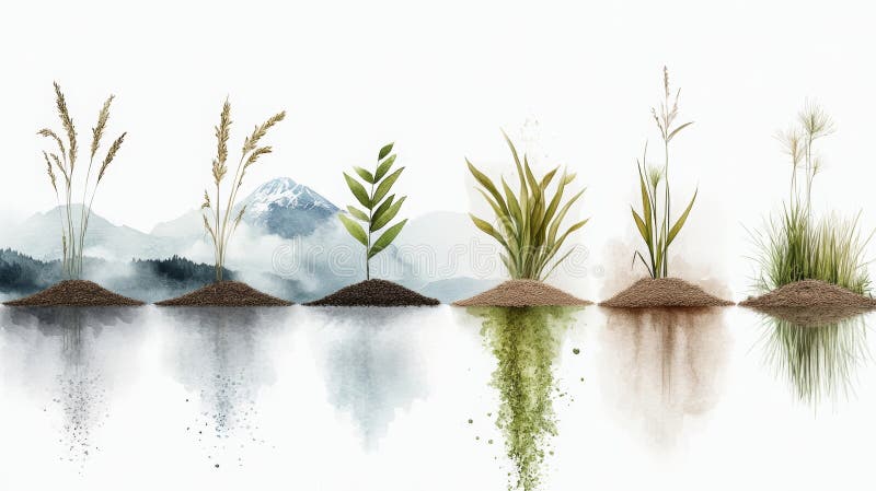 Six Different Types of Plants Growing in Small Patches of Soil with a ...