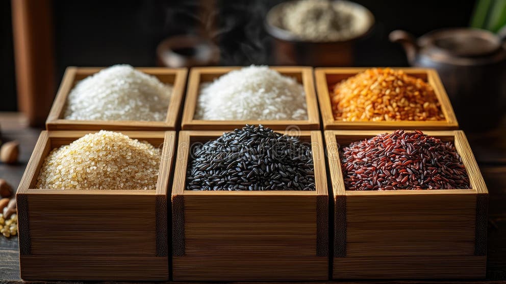 Six Different Types of Rice in Wooden Boxes Stock Illustration ...