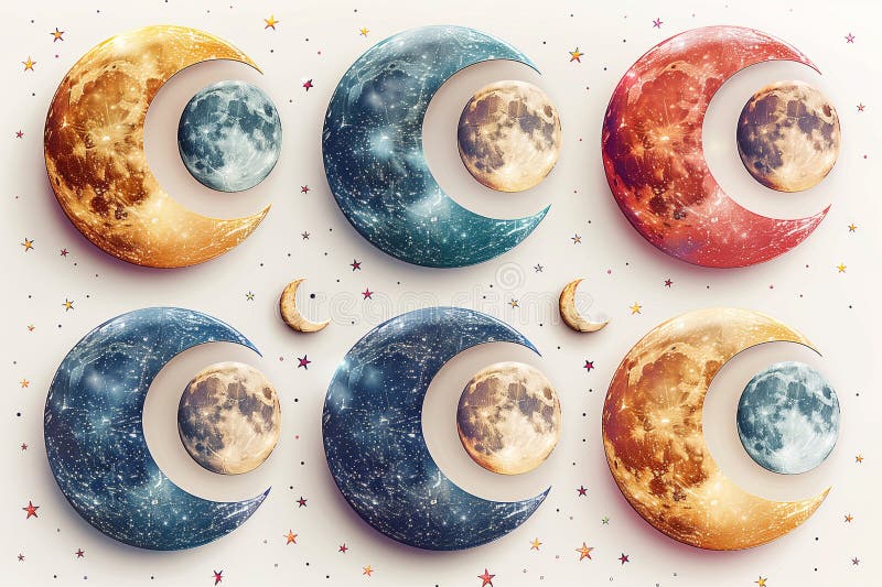 Six Differently Colored Moon Magnets Arranged on a White Surface Stock ...