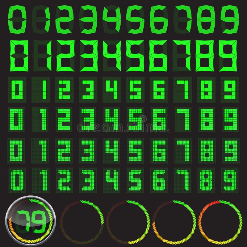 Six Digital Numbers Set in Different Styles and Basic Clock Body Stock ...