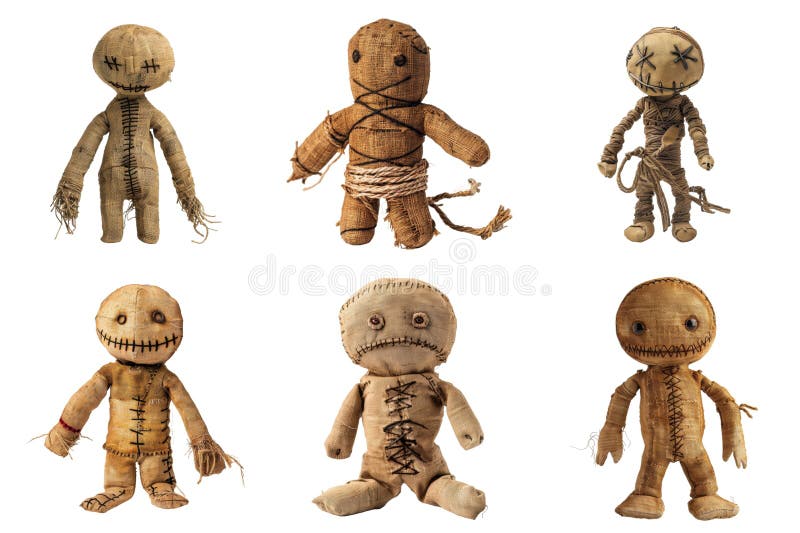Six Distinctive Voodoo Dolls with Stitched Features and Rustic Fabric ...