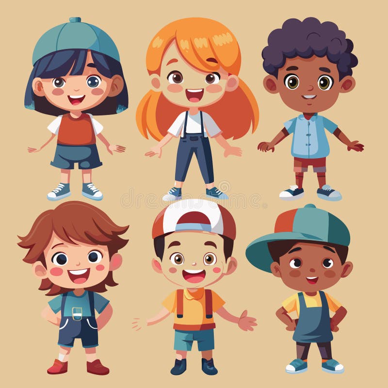 Six Diverse Cartoon Children with Happy Expressions Stock Vector ...