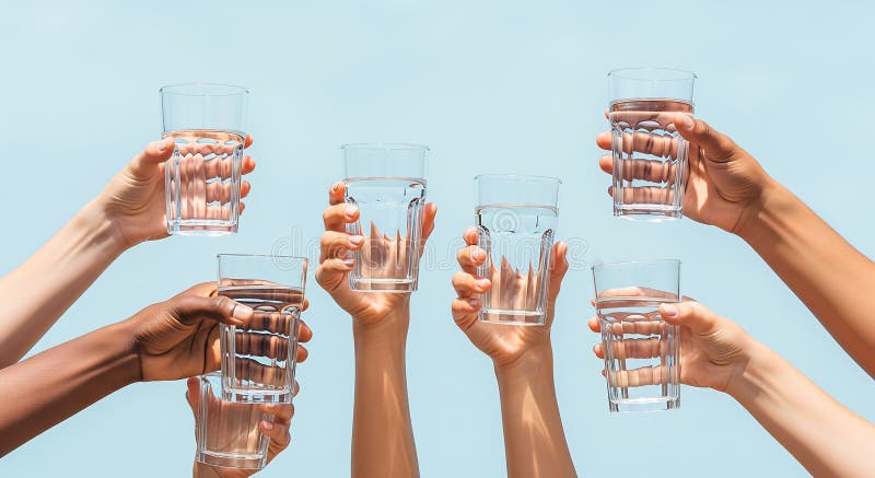 Diverse Hands Raise Glasses of Water Under Blue Sky (Generated with AI ...
