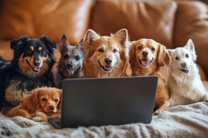 Six Dogs are Looking at a Laptop Screen while Sitting on a Sofa Stock ...