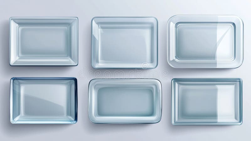 Six Empty Glass Rectangular Plates on a White Background with ...