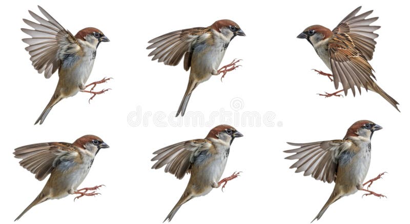 Six Eurasian Tree Sparrows in Flight, Isolated on White Stock ...