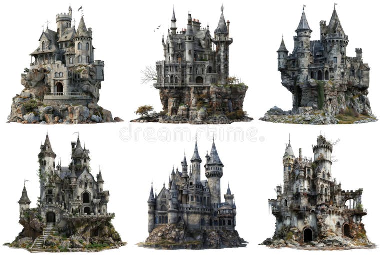 Six Fantasy Castles on Rocky Cliffs Stock Image - Illustration of ...