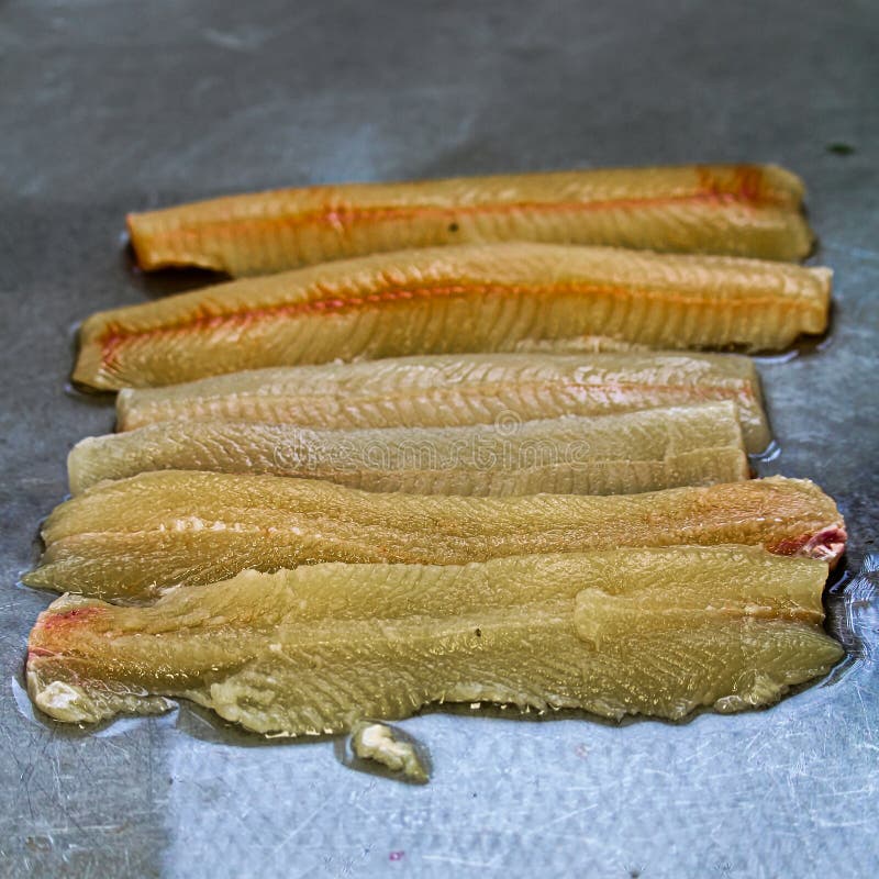 Six Fillets of Northern Pike on a Metal Table Stock Photo - Image of ...