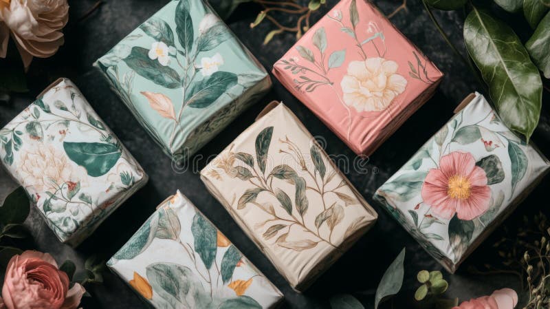 Six Floral-patterned Boxes are Laid Out on a Dark Surface Stock Photo ...