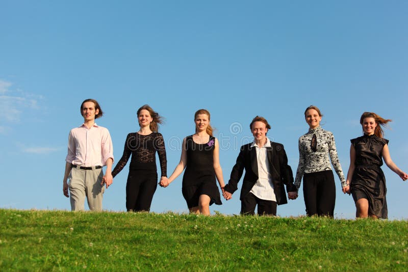 Six Friends Go on Meadow Having Joined Hands Stock Photo - Image of ...