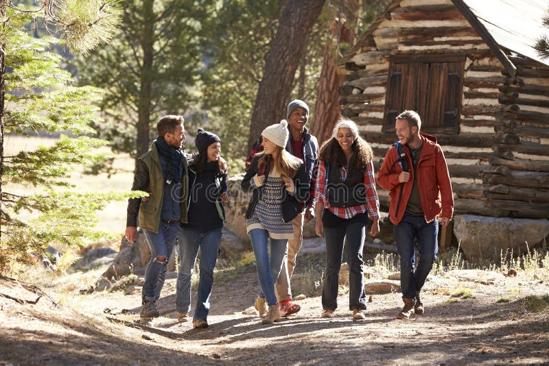 Six Friends Walking on Forest Path Near a Log Cabin Stock Image - Image ...