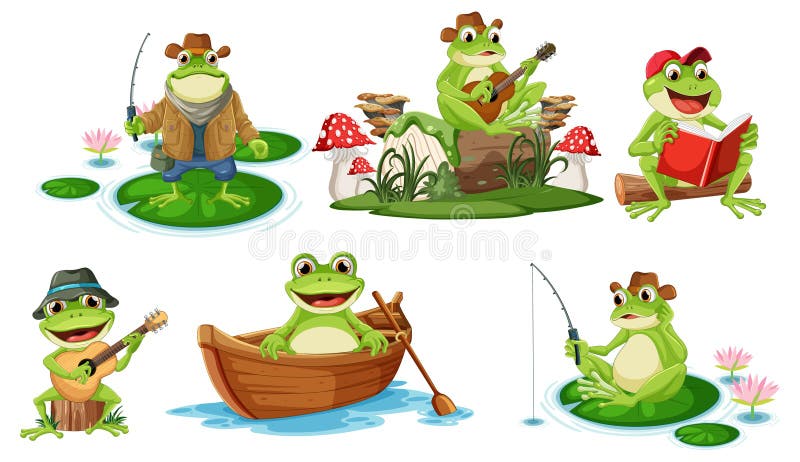 Six Frogs in Different Leisure Scenes Stock Vector - Illustration of ...