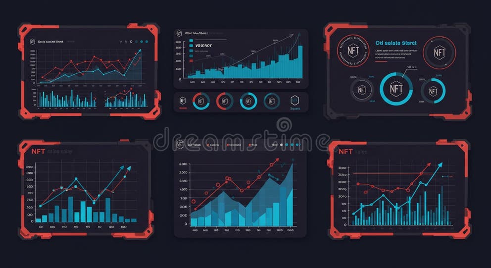 Six Futuristic Data Visualization Panels Display Various Graphs and Charts, Featuring Red Stock ...