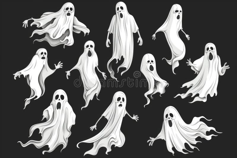 Six Ghosts in Various Poses Stock Illustration - Illustration of ...
